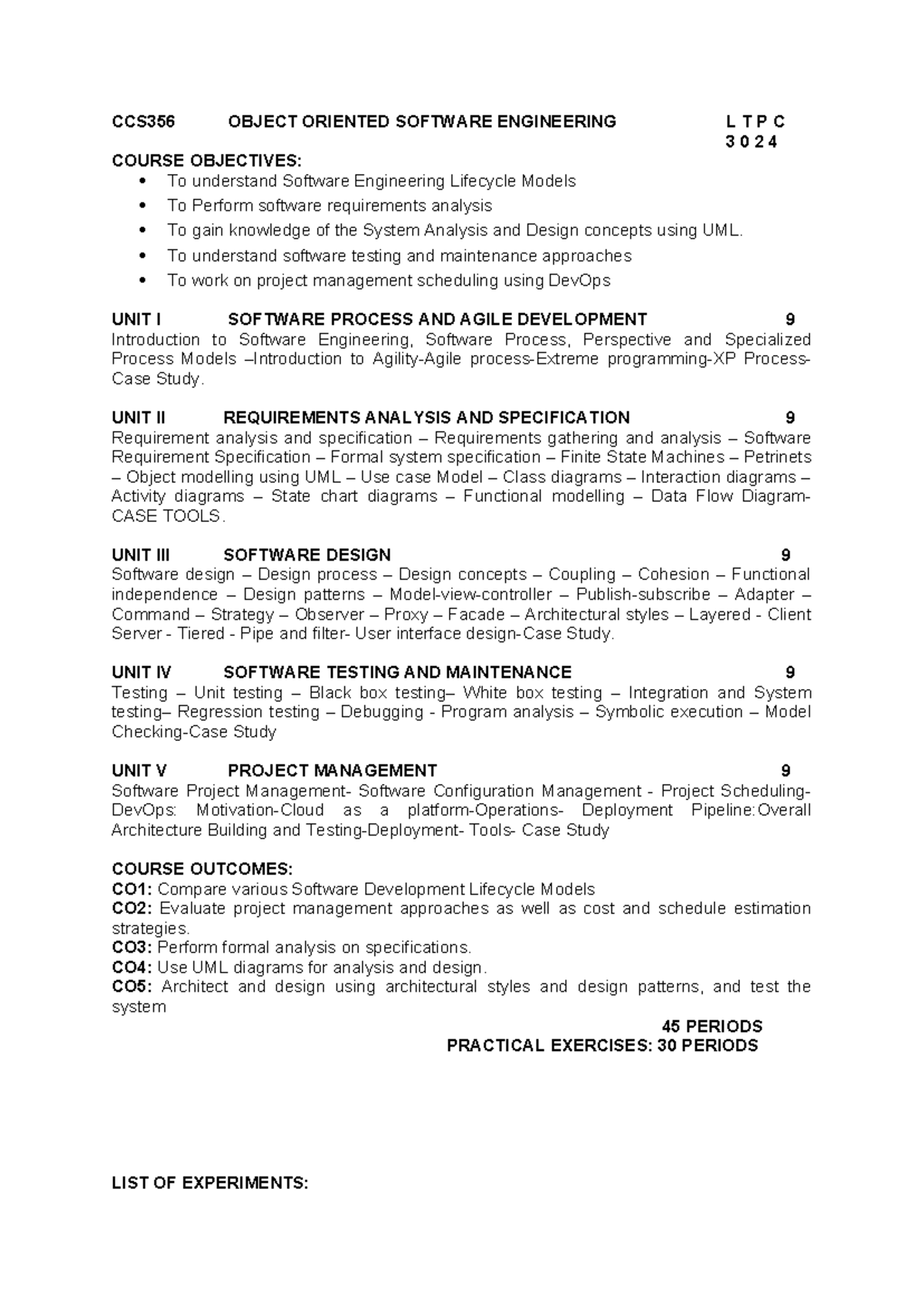 CCS356 Object Oriented Software Engineering Course Overview and Objectives - Studocu