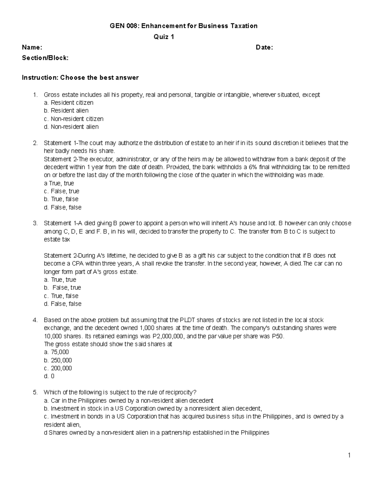 GEN 124: Practice Set for Business Law Quiz - Studocu
