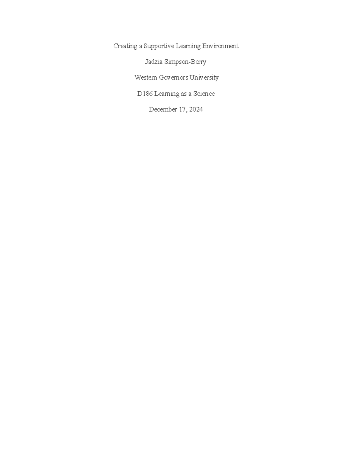 D186 Task 1 - task 1 - Creating a Supportive Learning Environment ...