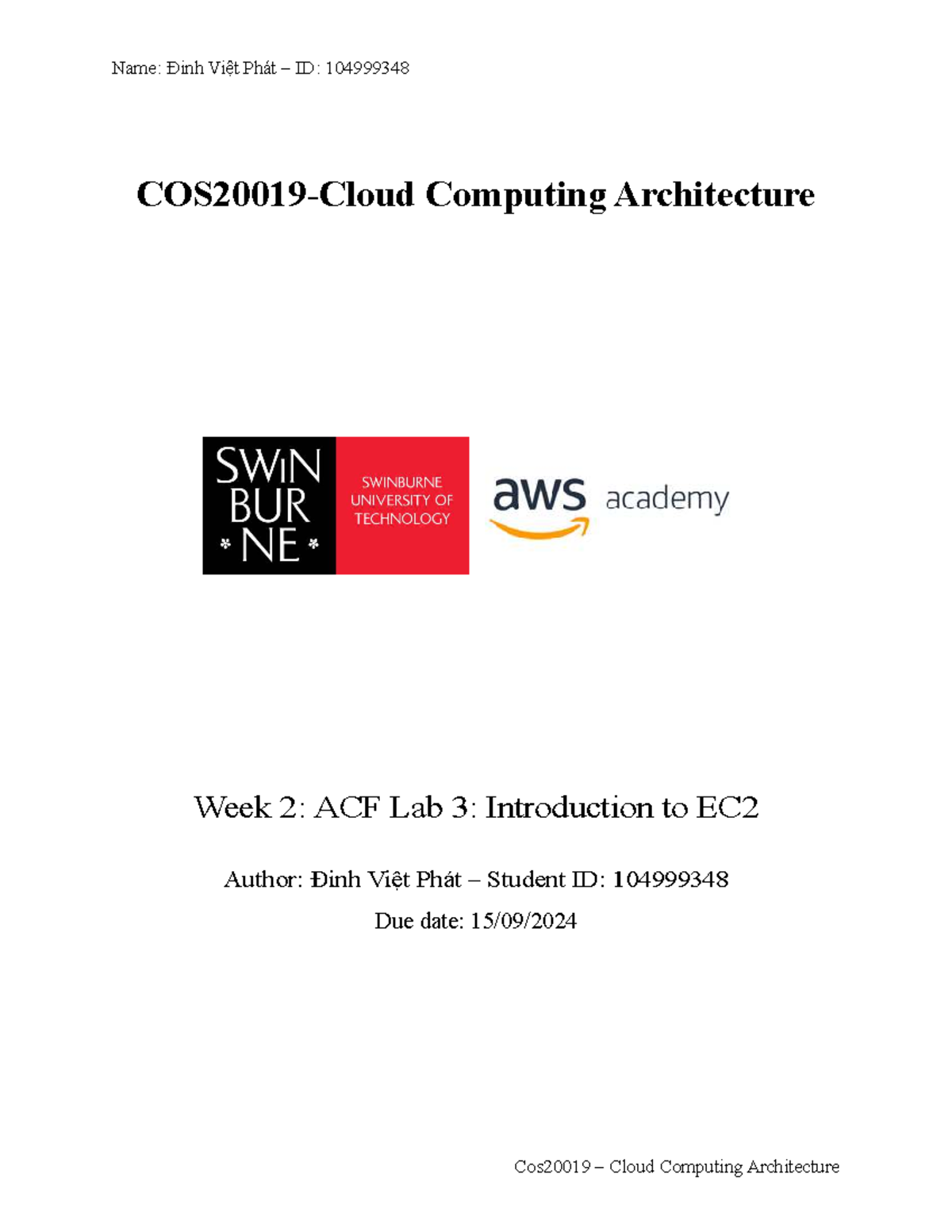Cos20019 Cloud Computing Architecture: Lab 3 - Intro to Amazon EC2 ...