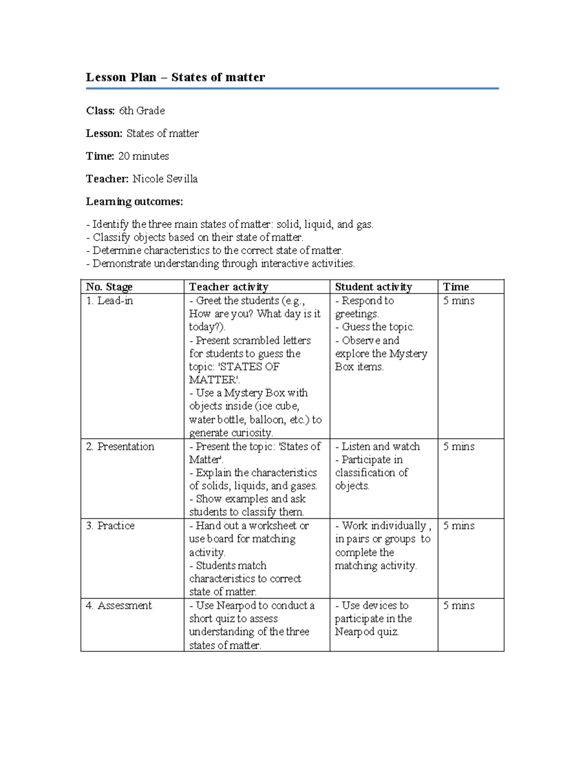 States of Matter Lesson Plan (6th Grade) with Activities and Resources ...