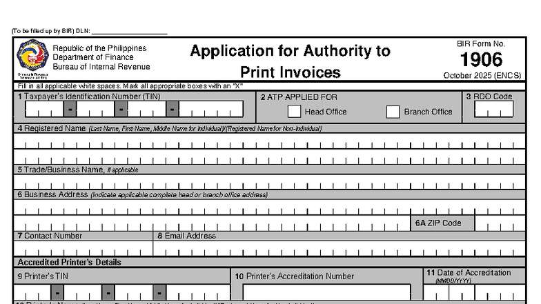 BIR Form No. 1906: Application for Authority to Print Invoices - Studocu