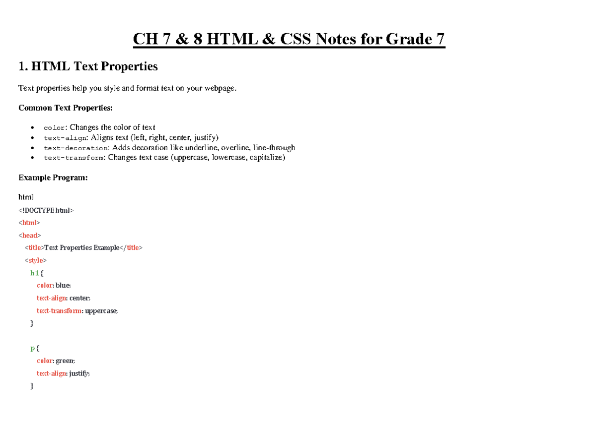 CH 7 & 8 HTML & CSS Notes for Grade 7 - Studocu