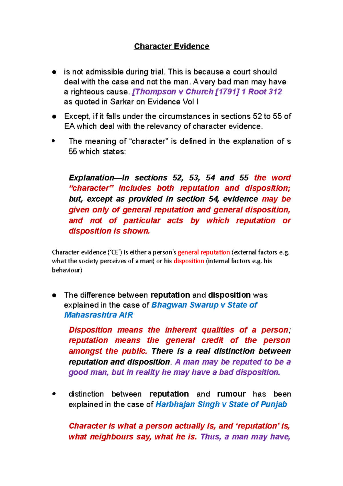 Character Evidence in Law: Admissibility and Case Law Analysis - Studocu