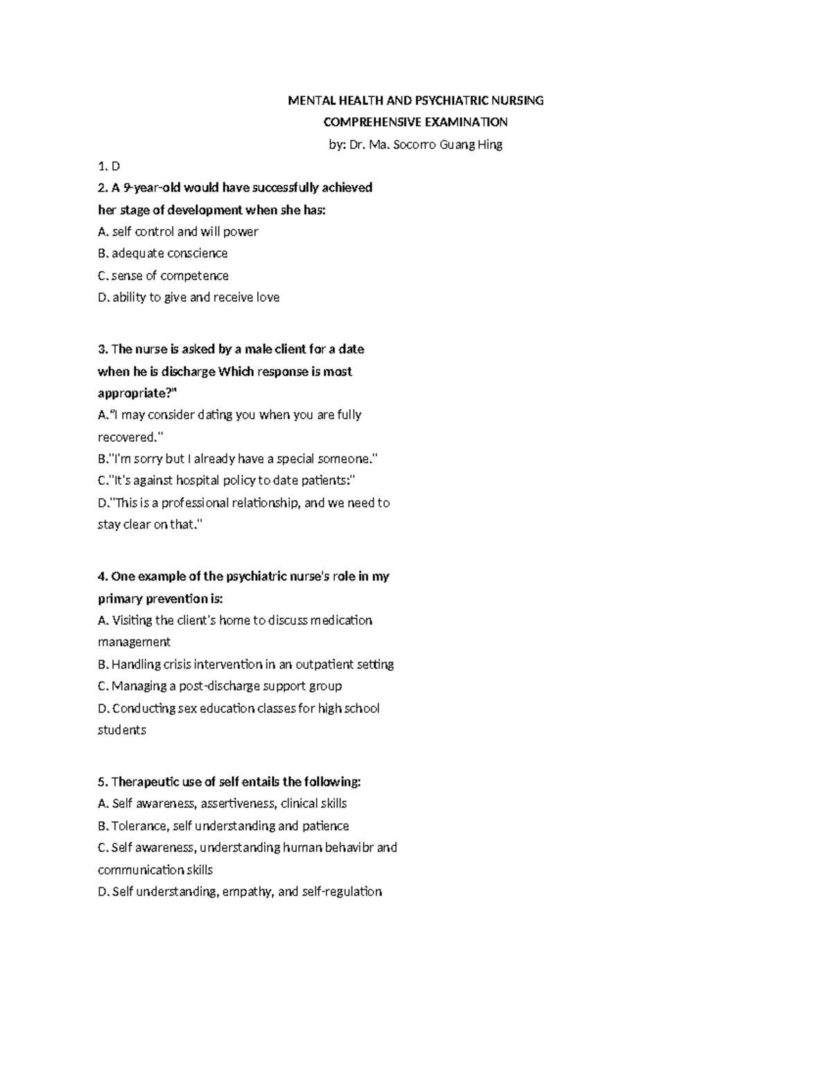 MENTAL HEALTH AND PSYCHIATRIC NURSING COMPREHENSIVE EXAM (CEX) - Studocu