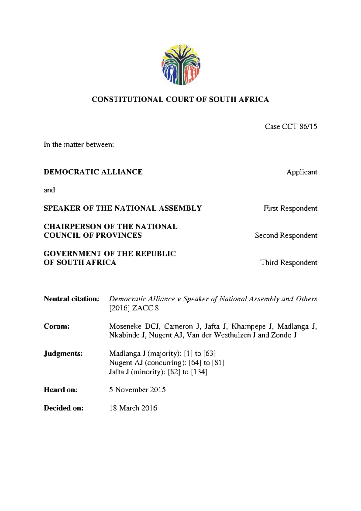 Constitutional Court Case CCT: Democratic Alliance v Speaker of ...