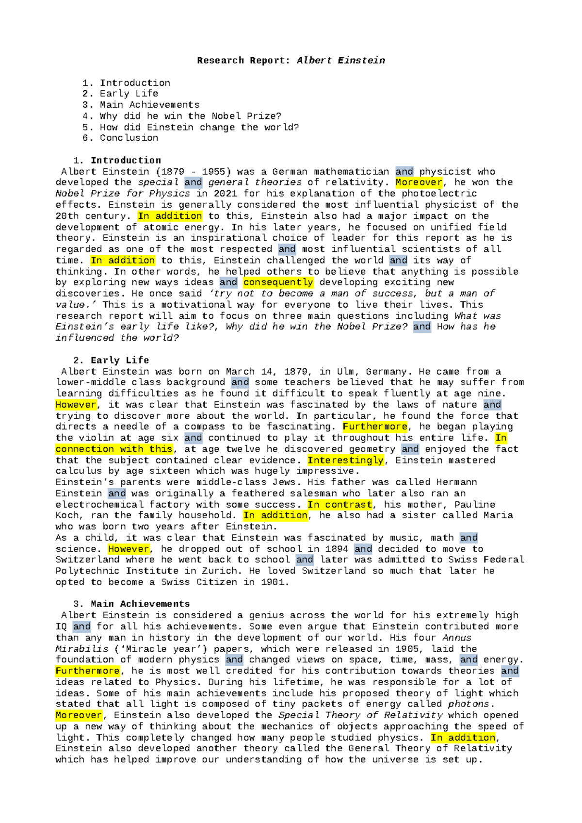 Research Report: Albert Einstein's Life and Achievements - Studocu