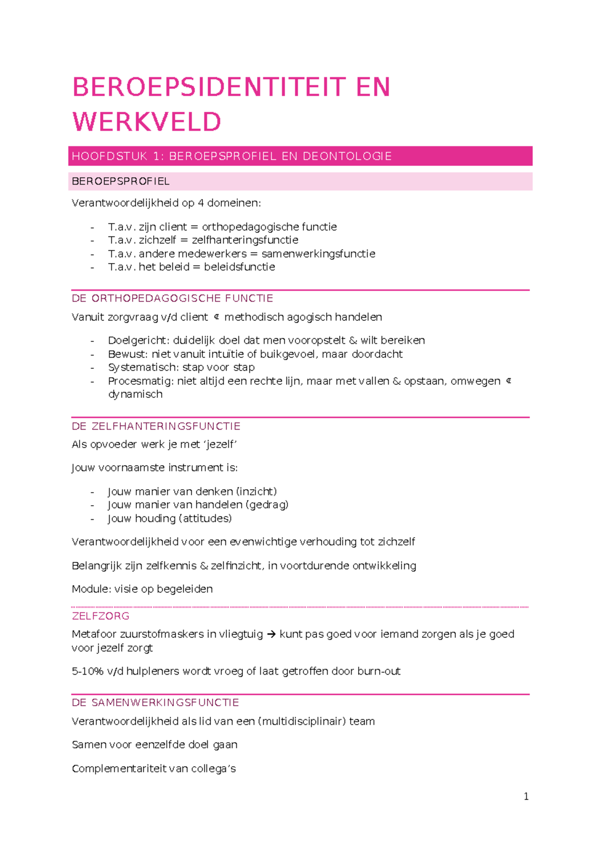 Beroepsidentiteit & Werkveld: Samenvatting Hoofdstuk 1 & 3 - Studocu