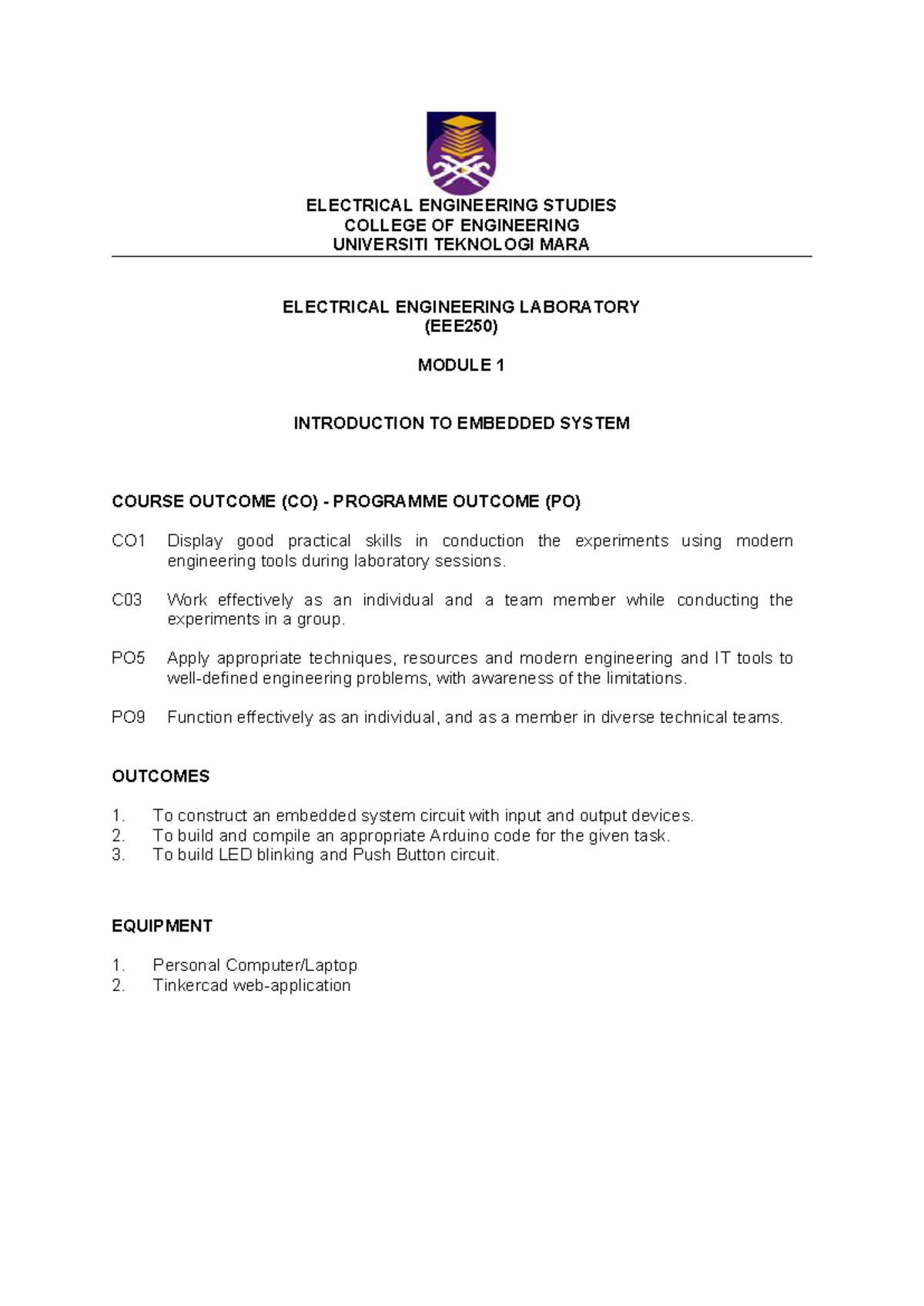 EEE250 Electrical Engineering Lab Module 1-7: Embedded Systems & HDL ...