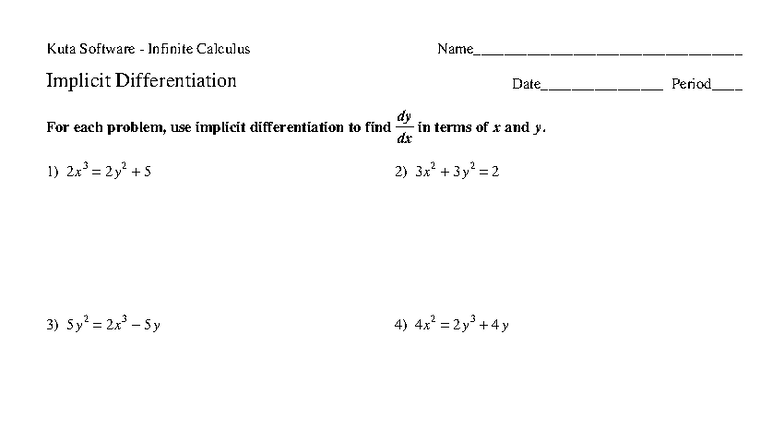 Implicit Differentiation Worksheet - Kuta Software E2a0N1D3J - Studocu