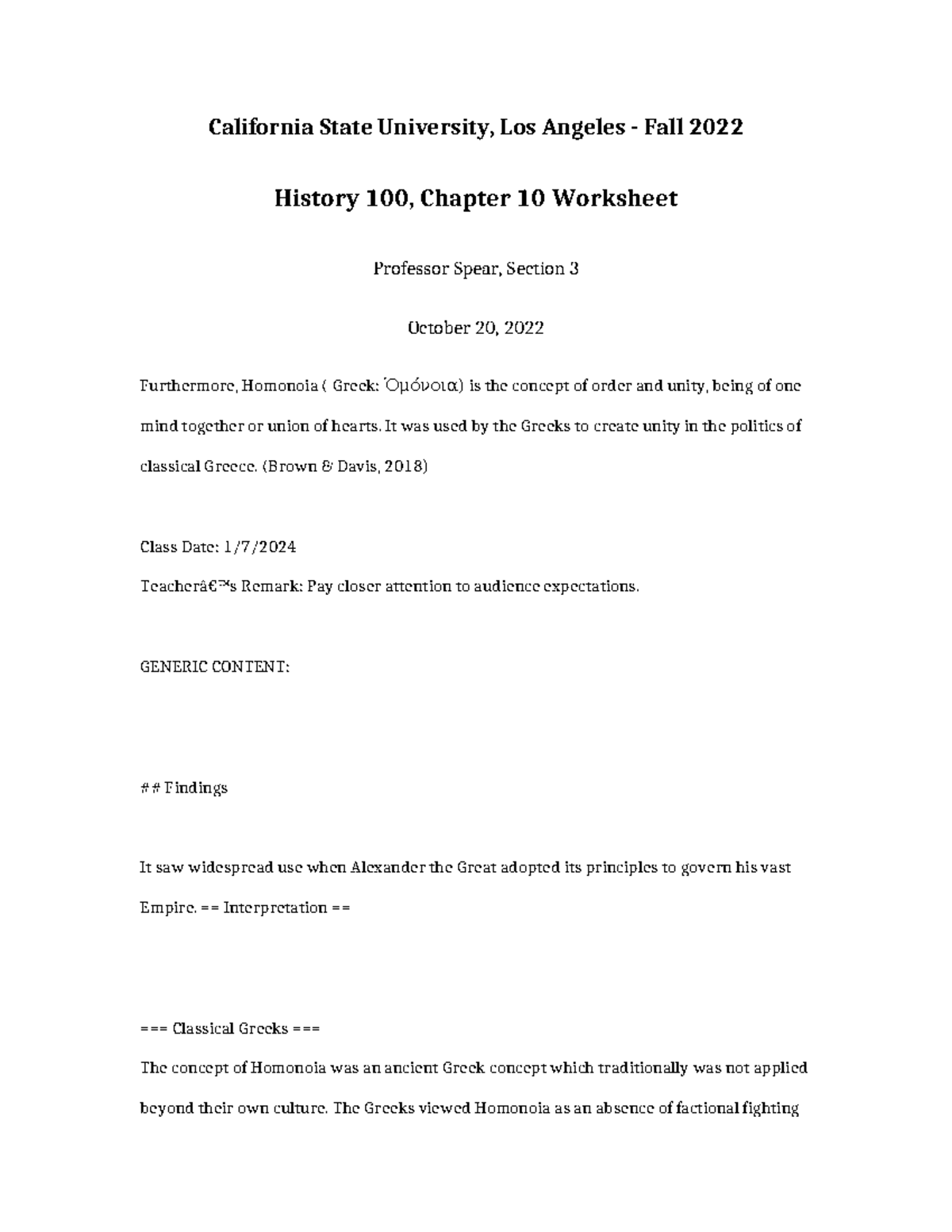 History 100 Chapter 10 Worksheet: The Concept of Homonoia in Greece ...
