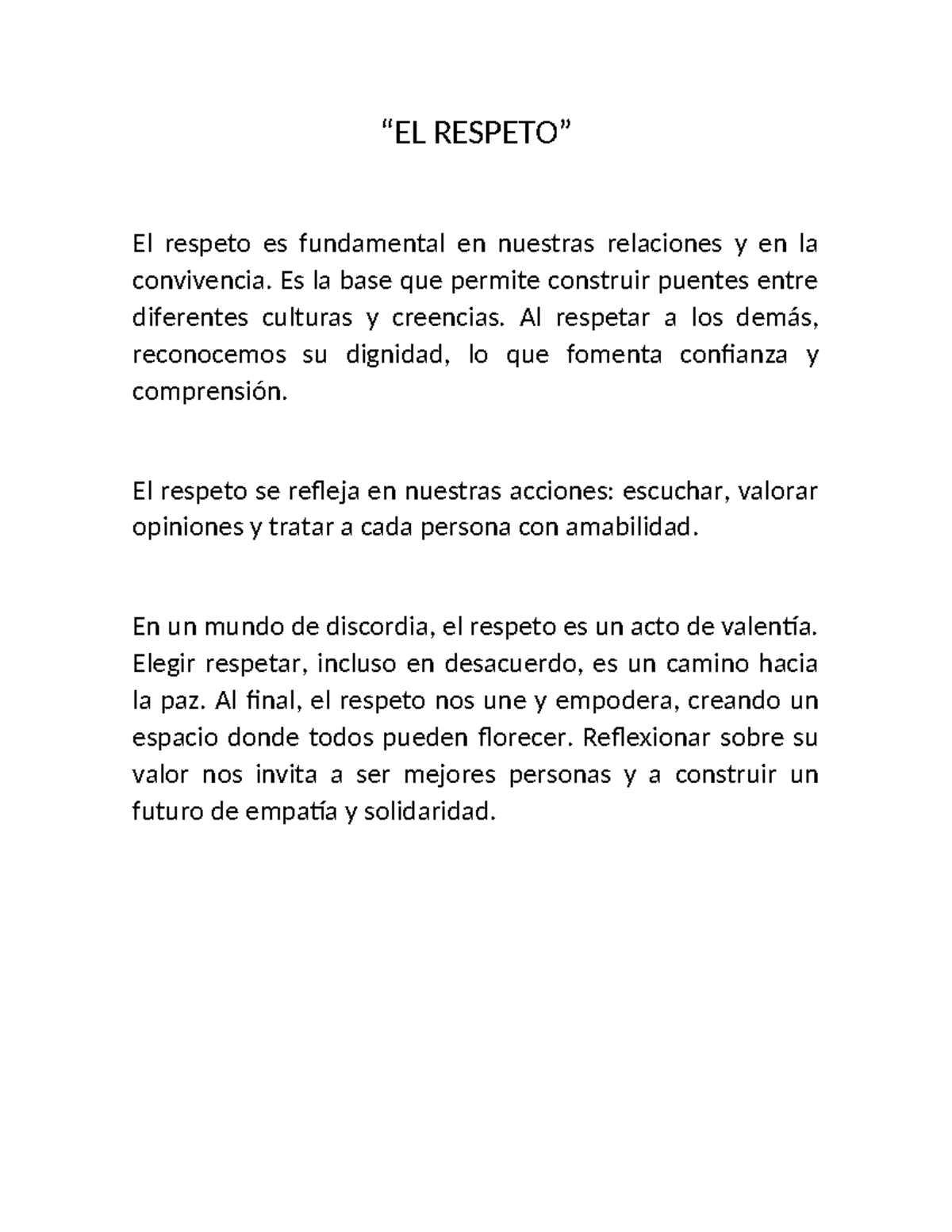 Reflexión sobre el Respeto y su Impacto en la Convivencia - Studocu