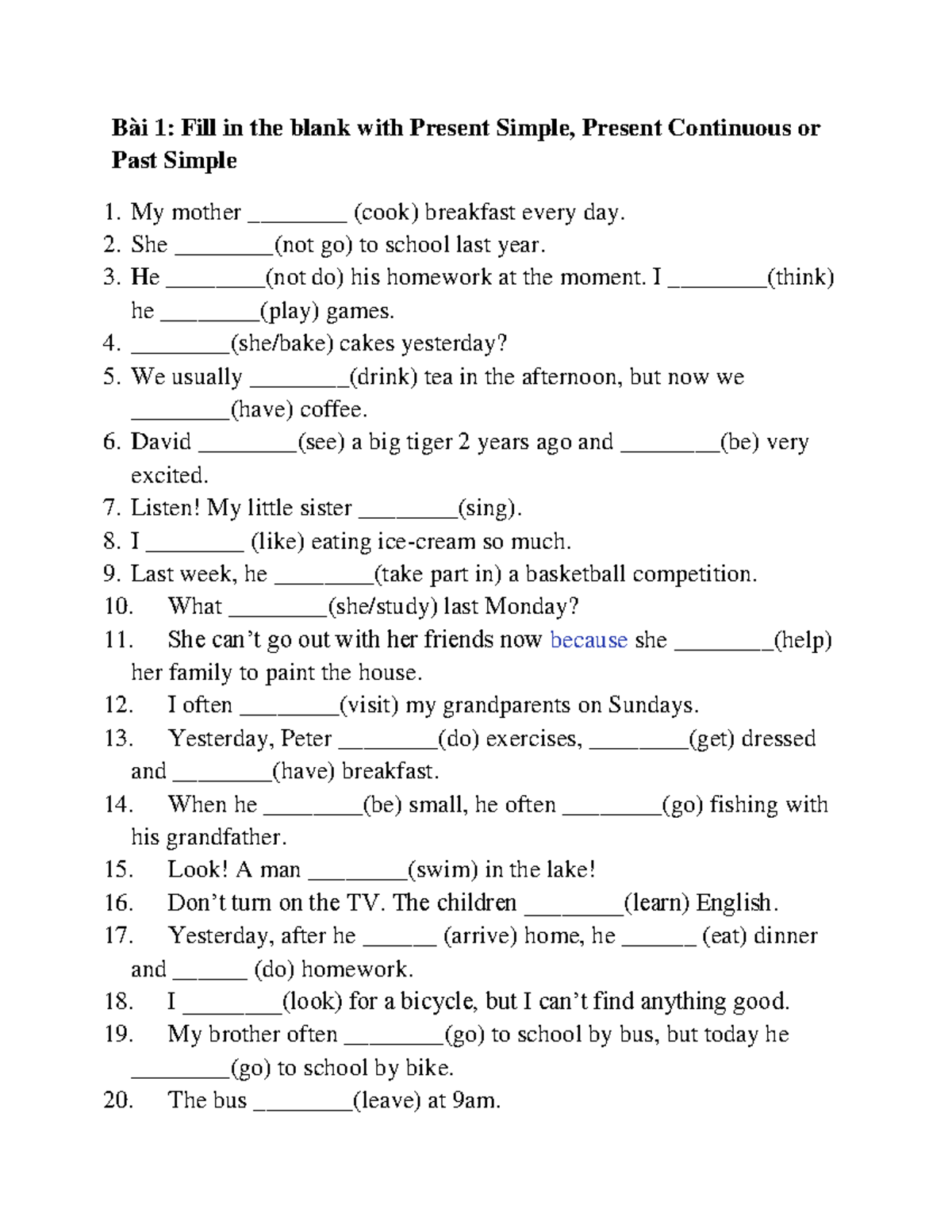 Bài 1: Fill in the Blanks with Tenses - Present Simple, Continuous ...