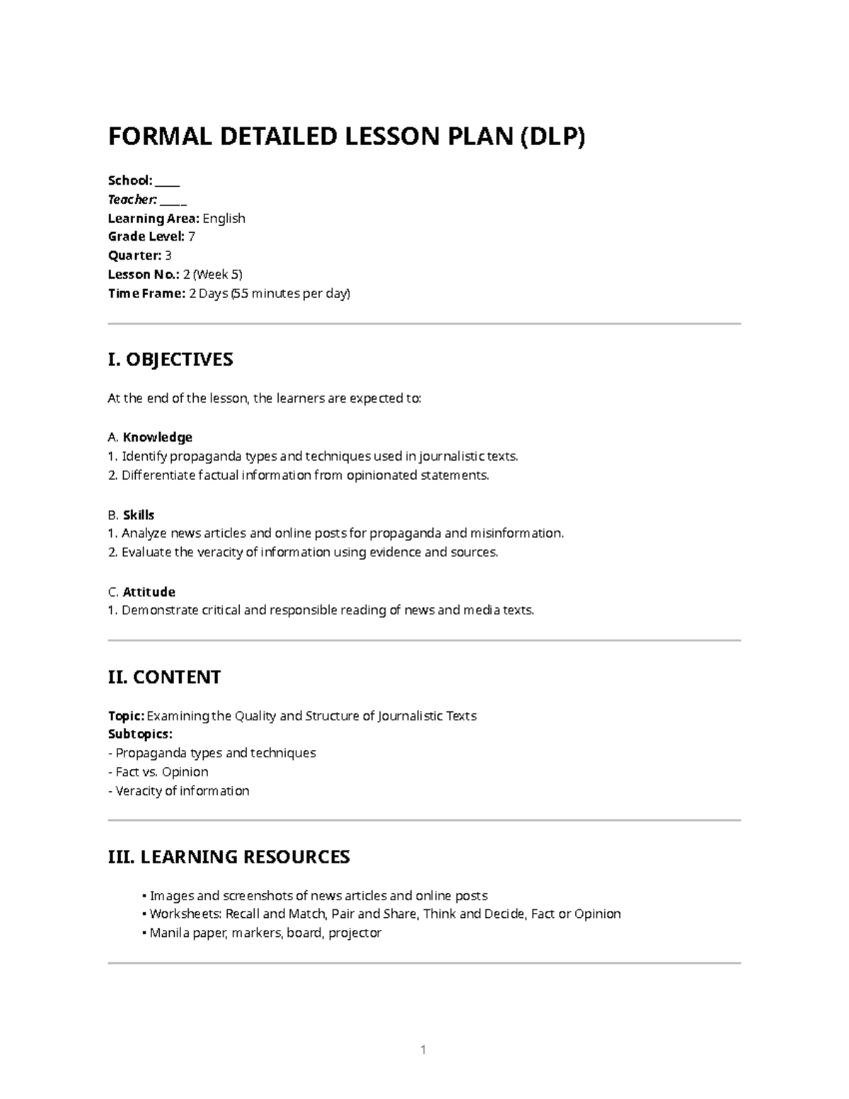 Detailed Lesson Plan (DLP) – English 7, Quarter 3, Lesson 2 - Studocu