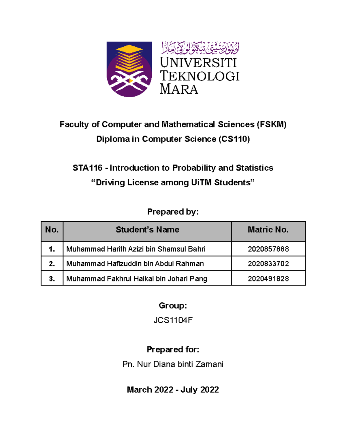 STA116 Case Study Report on Driving License among UiTM Students - Studocu