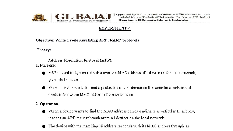 Expt - 4: ARP & RARP Protocol Simulation Code - Studocu