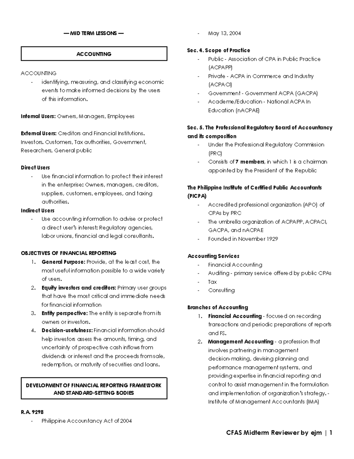 CFAS 2023 Midterm Reviewer: Accounting Principles & Financial Reporting ...