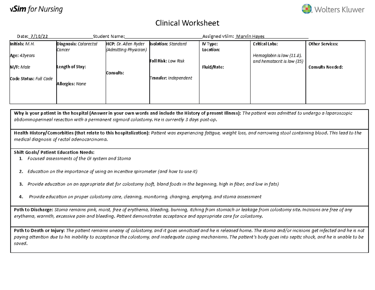 Clinical Worksheet: Marvin Hayes - Colorectal Cancer Care Plan - Studocu