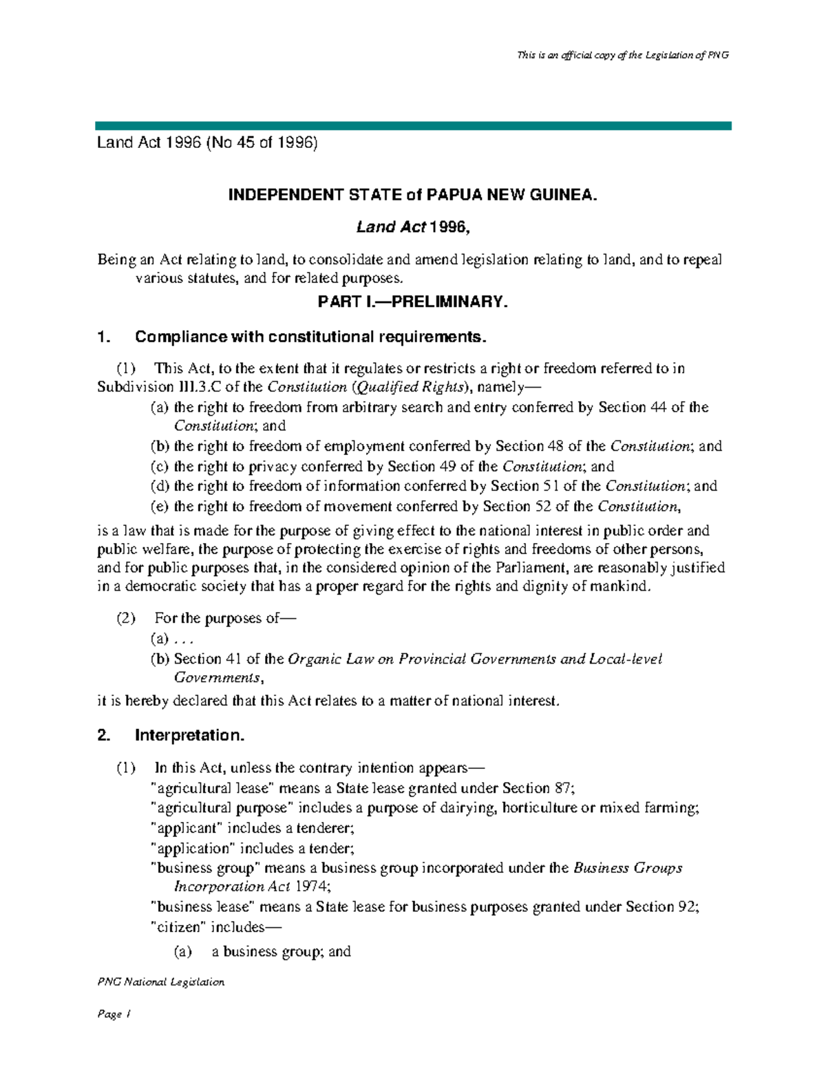 Land Act 1996 - Comprehensive Overview of Legislation - Studocu