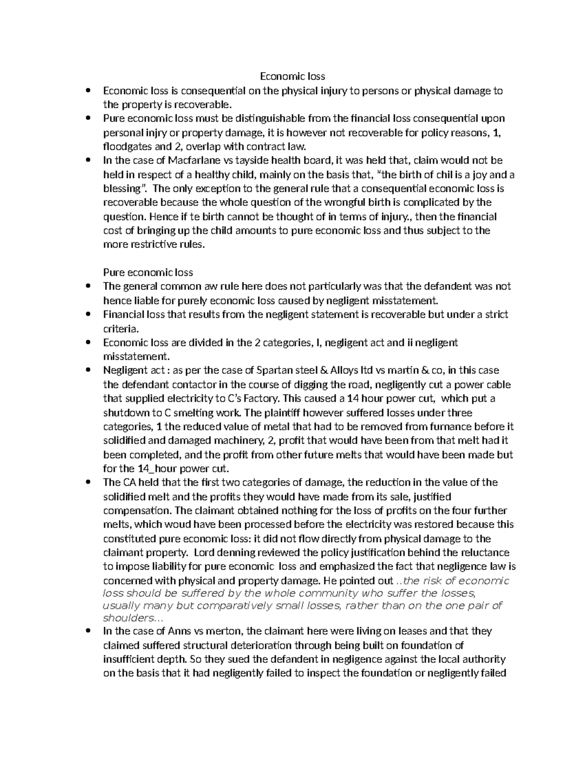 Economic Loss Analysis: Legal Principles and Key Cases Explained - Studocu