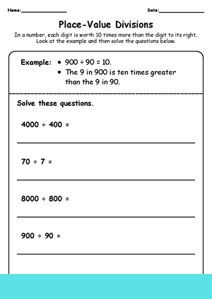 4-by-1 Area Model Division - 4th Grade Worksheet - Name: Date: Area ...