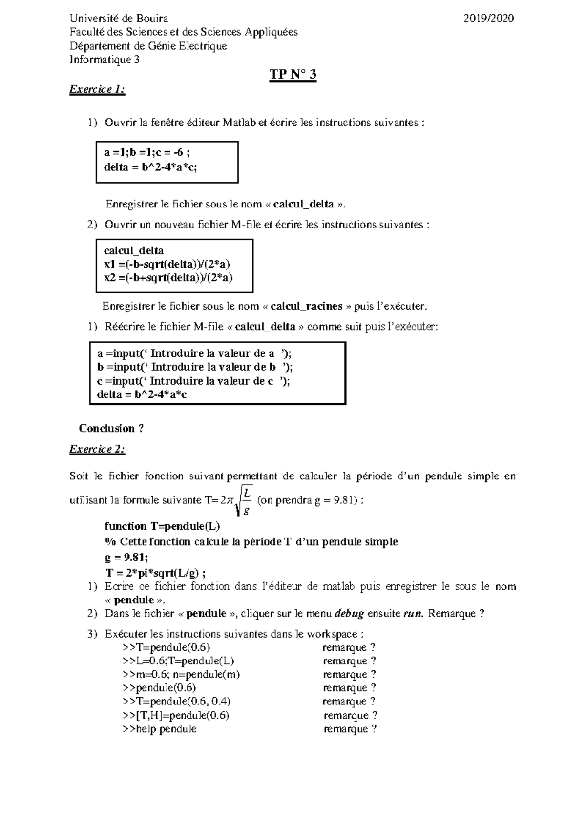 TP 03 2019-2020 - Exercices de Matlab en Génie Électrique - Studocu