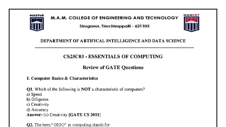 GATE Questions Review for CS25C03: Essentials of Computing - Studocu