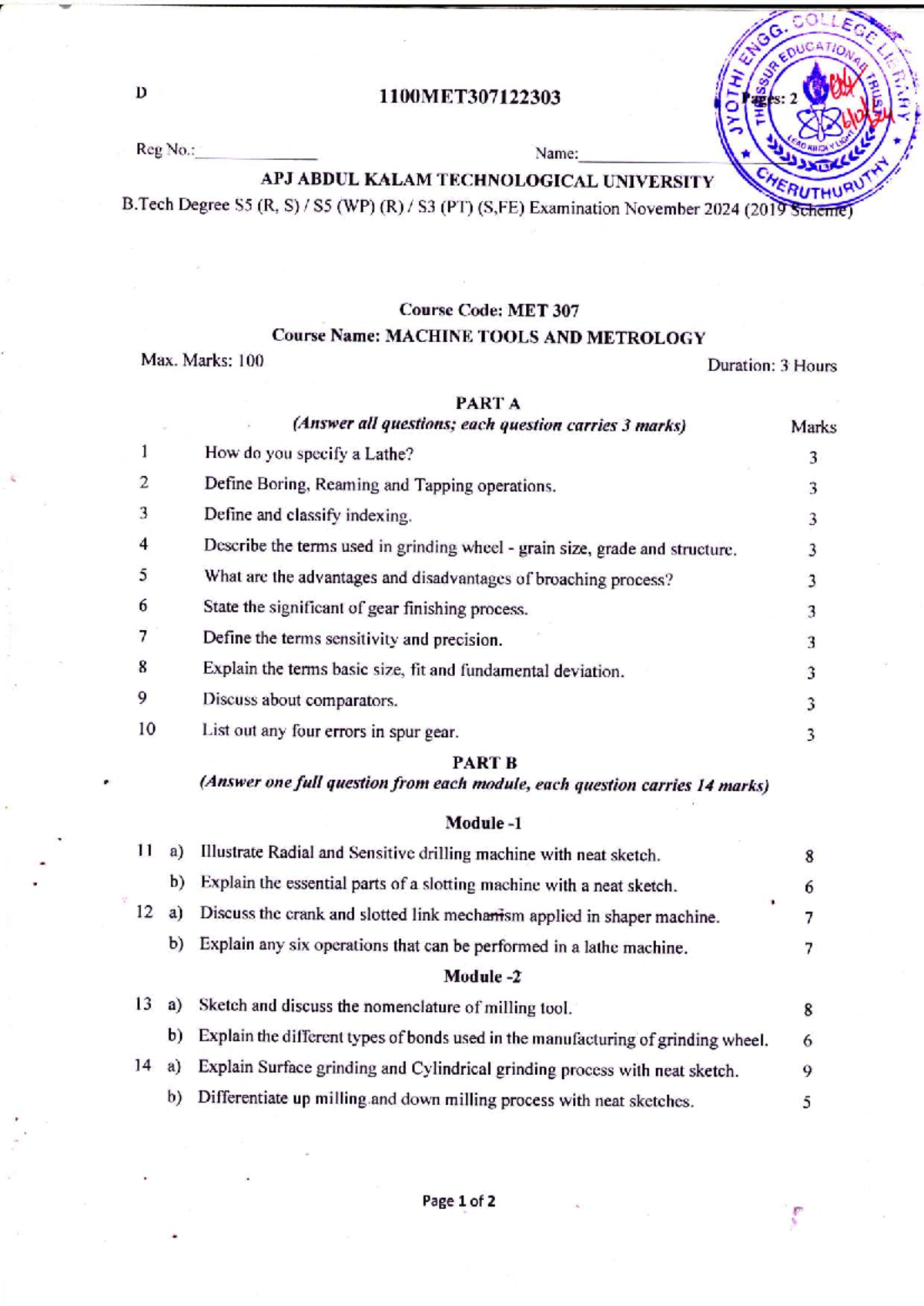 MET 307 Machine Tools and Metrology Final Exam November 2024 - Studocu