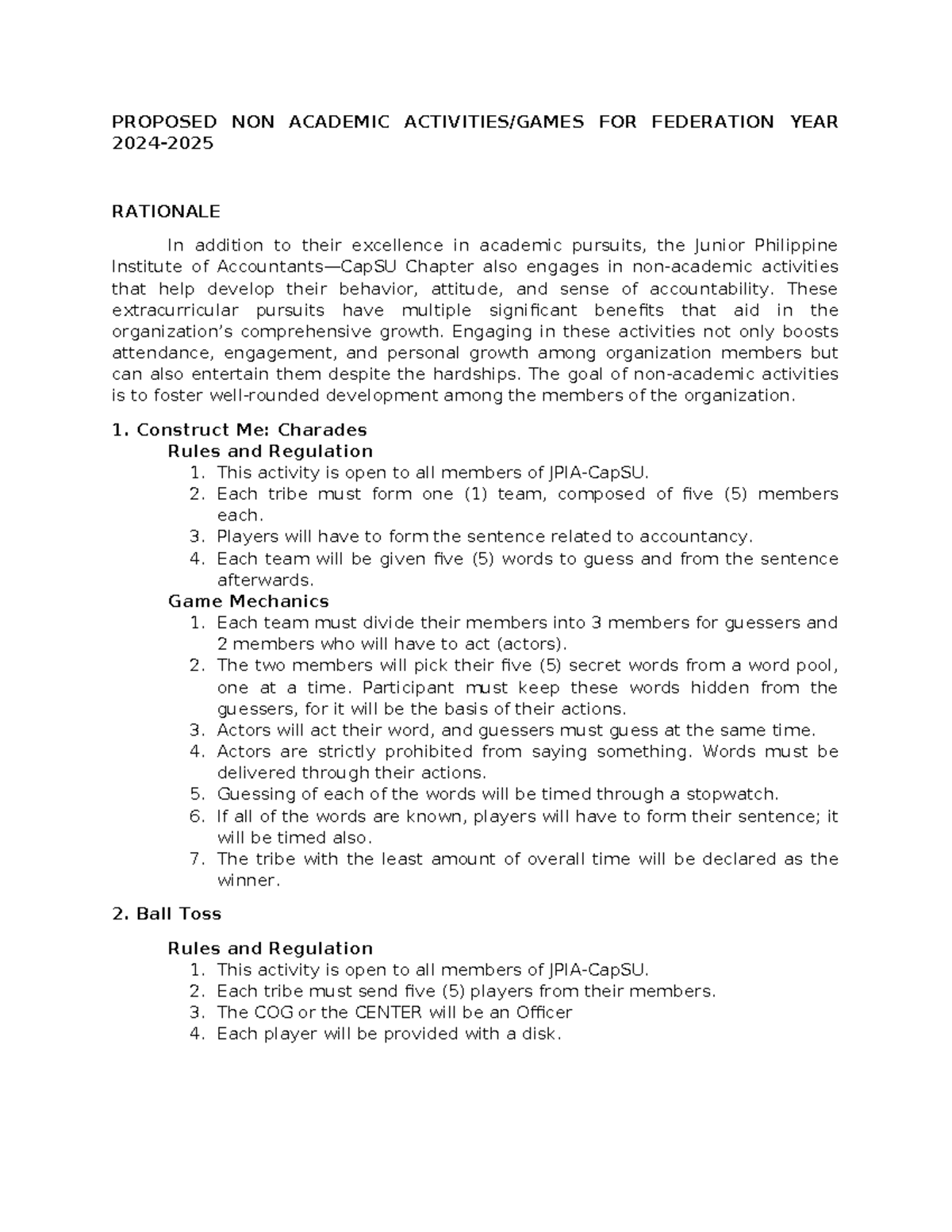 Proposed Non-Academic Activities for JPIA CapSU 2024 - Studocu