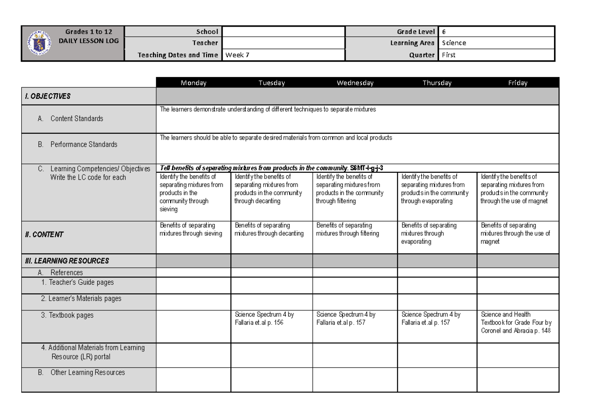 Grade 6 Science Daily Lesson Log: Separating Mixtures Benefits - Studocu