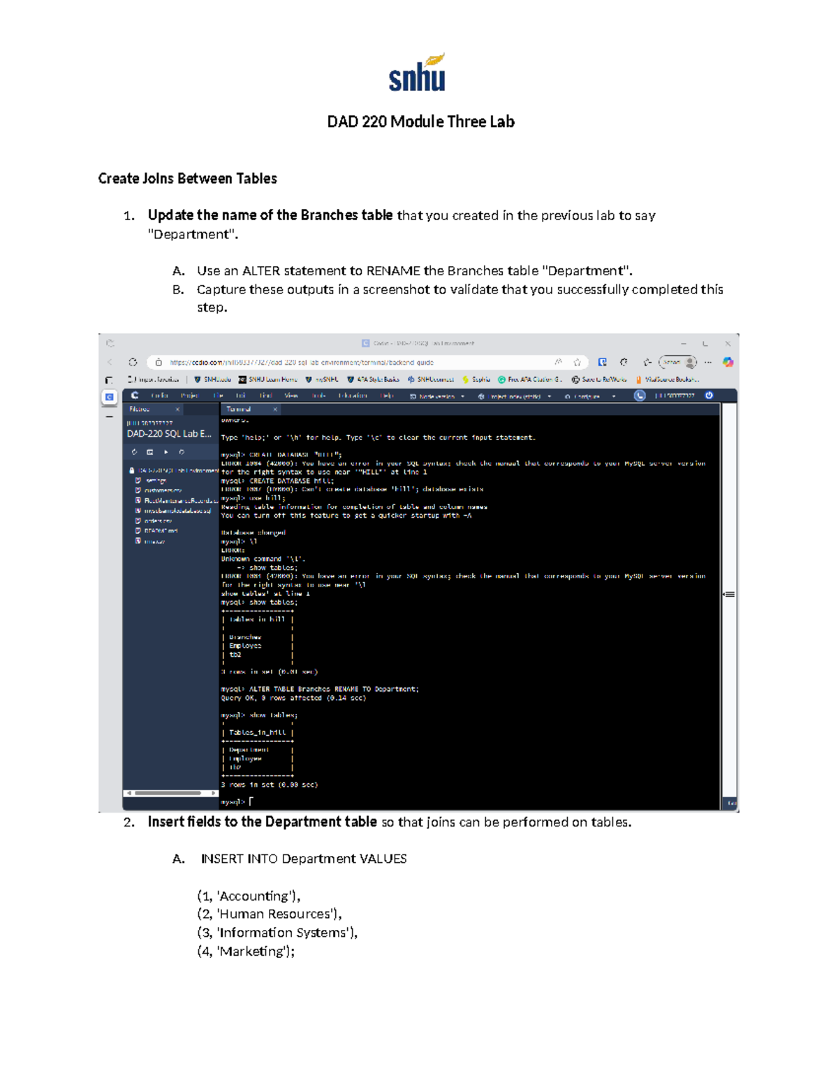 DAD 220 Module 3 Lab: Creating Joins and Managing Tables in MySQL - Studocu