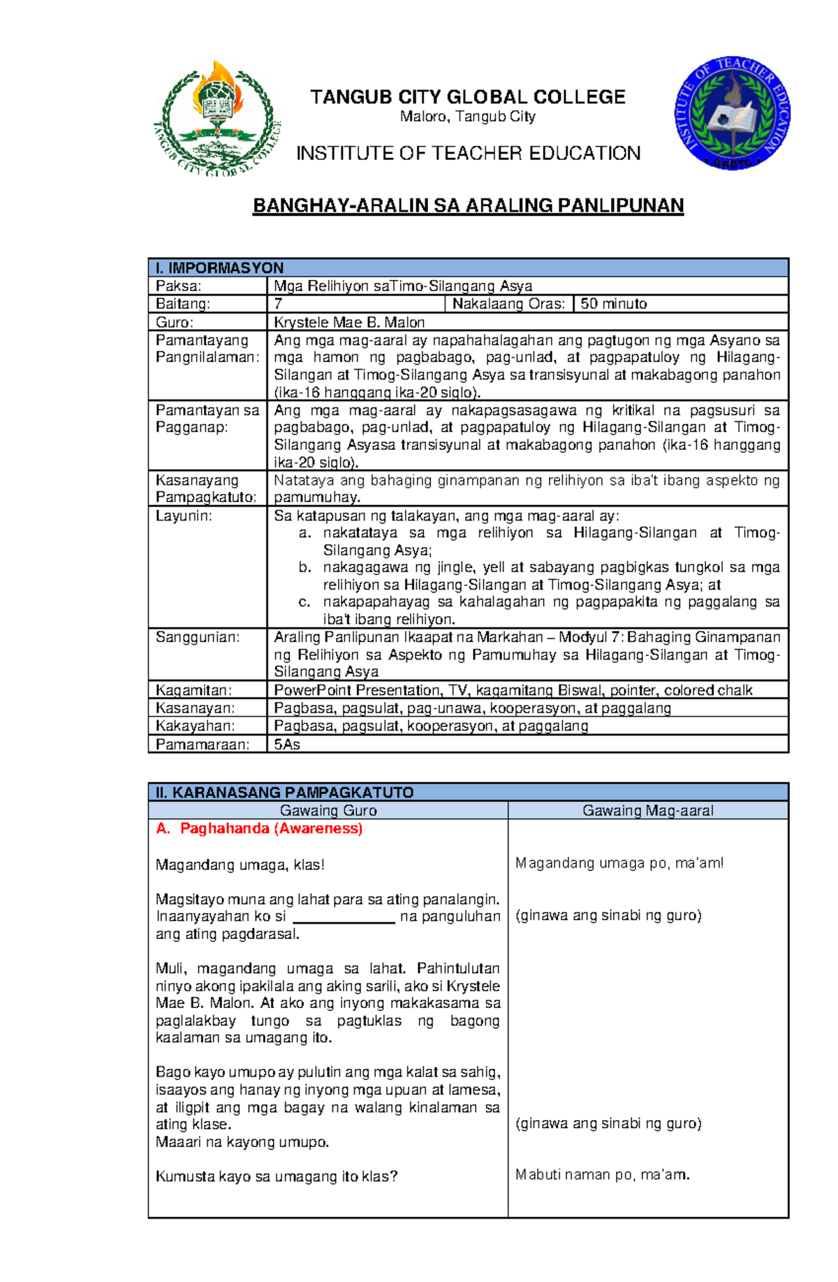 Mga Relihiyon sa Timog-Silangang Asya - Lesson Plan (Grade 7) - Studocu