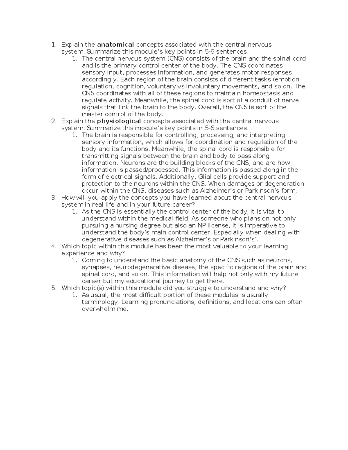 Module 7 Reflection: Understanding the Central Nervous System Concepts ...