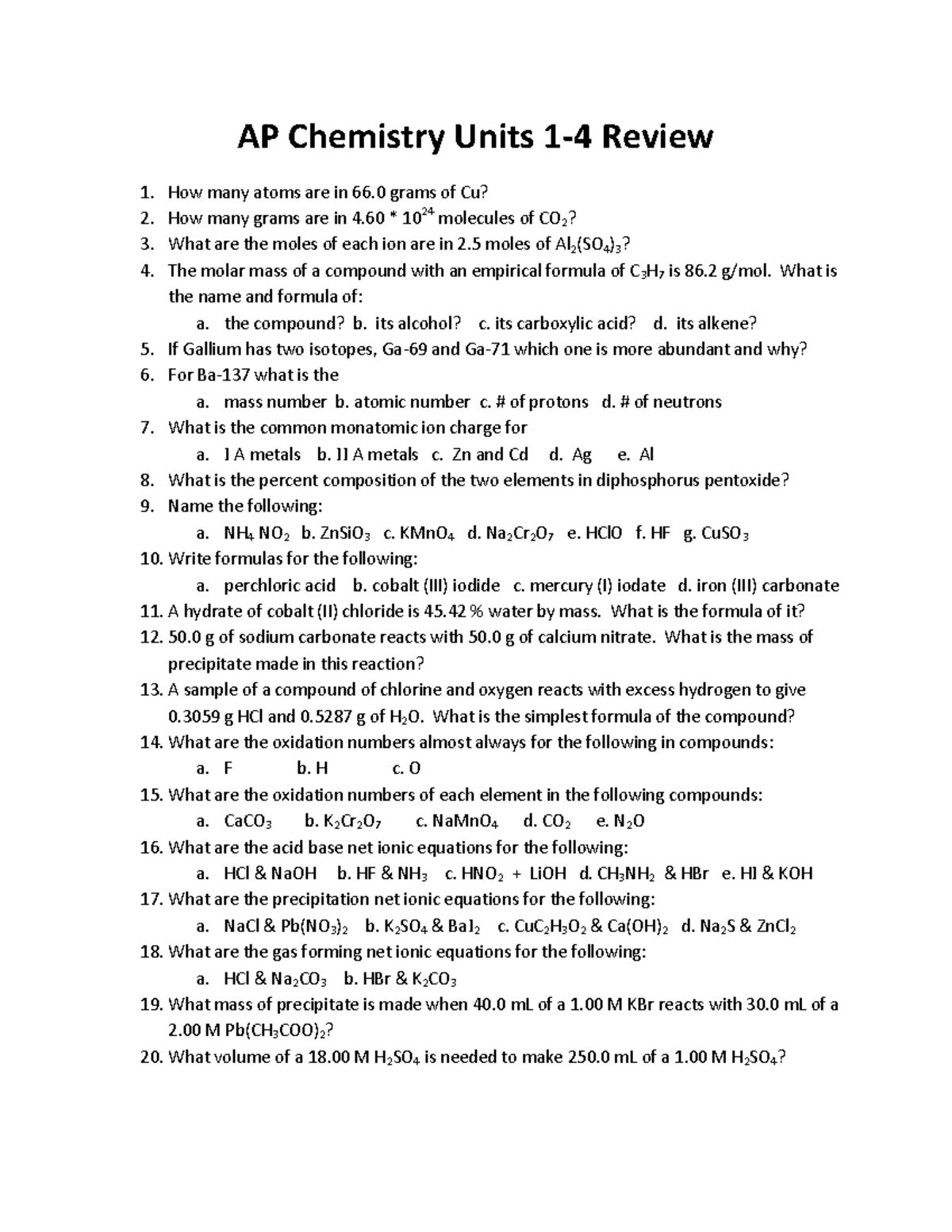 Ap chem units 1-4 review - AP Chemistry Units 1-4 Review How many atoms ...