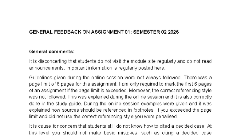 GENERAL FEEDBACK ON ASSIGNMENT 01: SEMESTER 02 2025 - Studocu