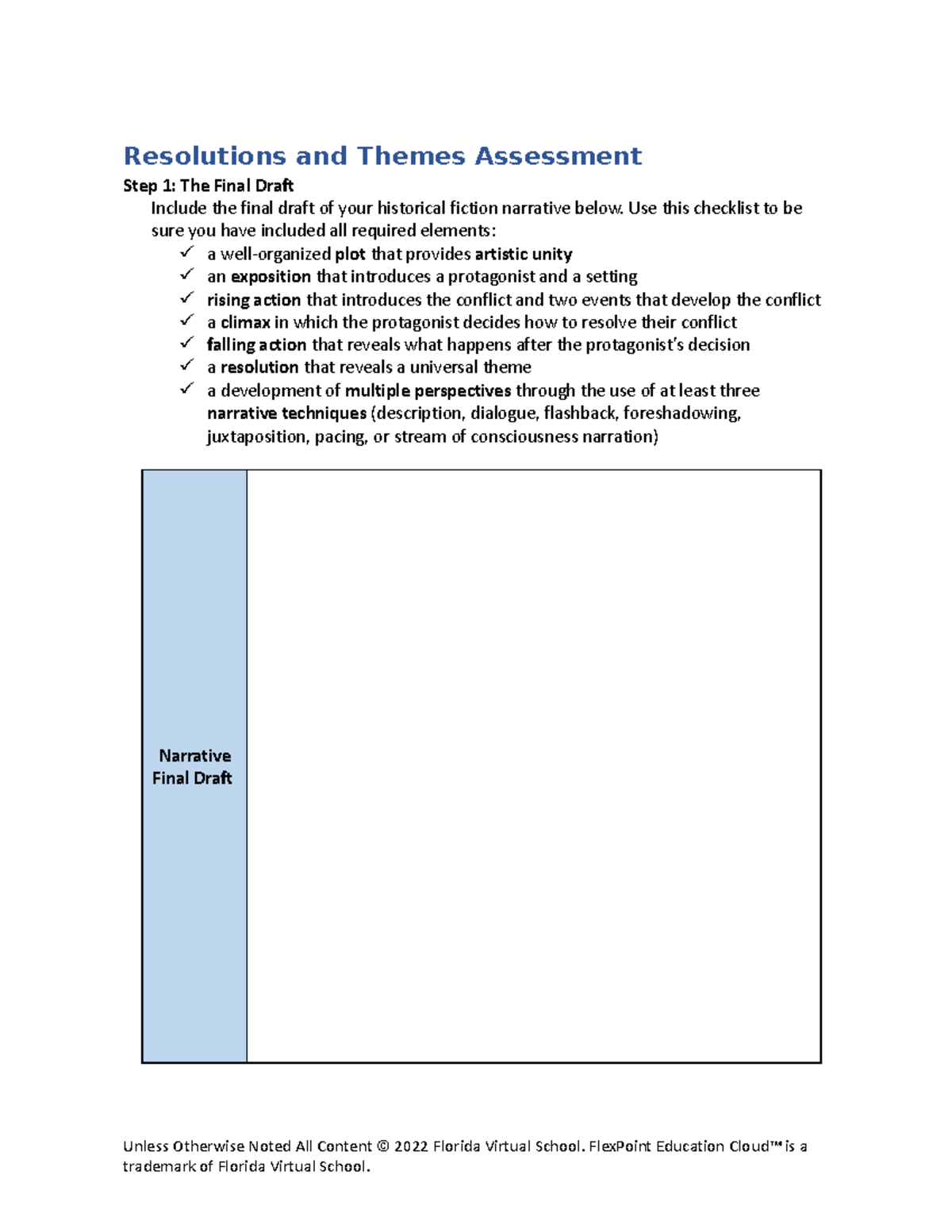 Historical Fiction Narrative Resolutions & Themes Assessment Rubric ...