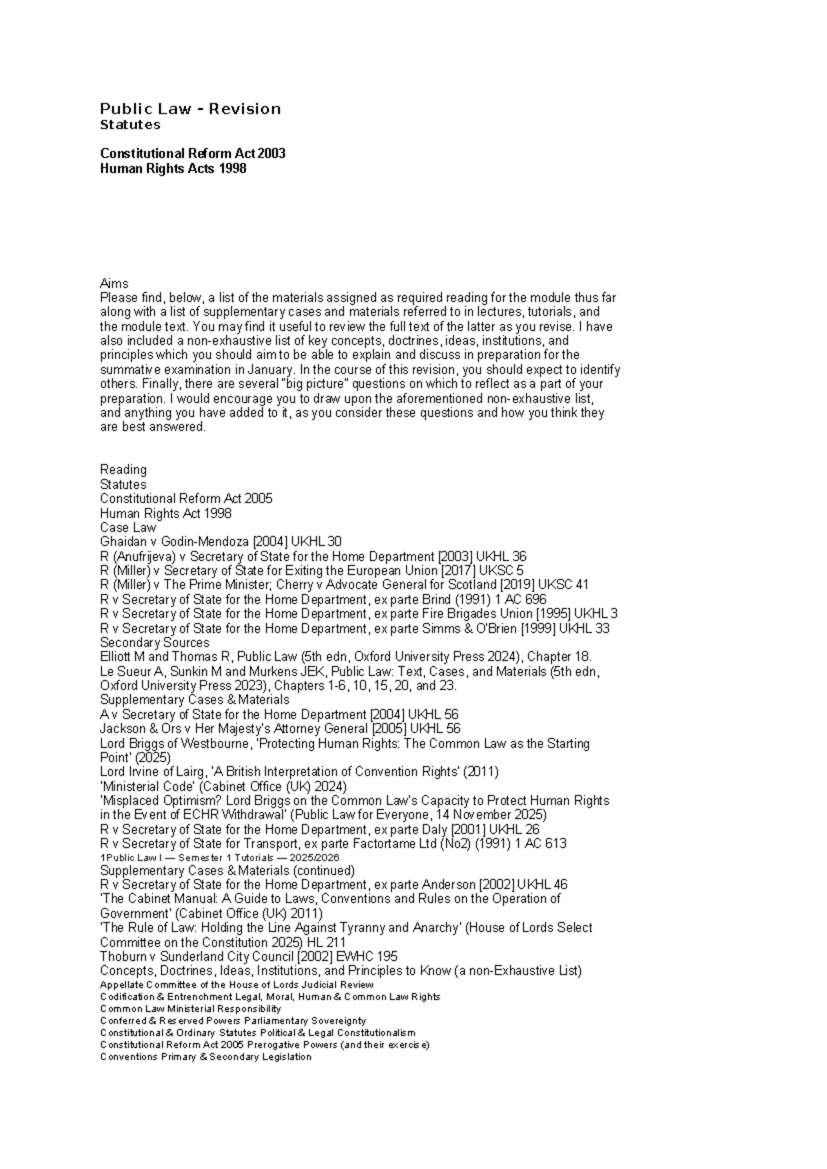 Public Law Revision List: Constitutional Reform & Human Rights (Year 1 ...