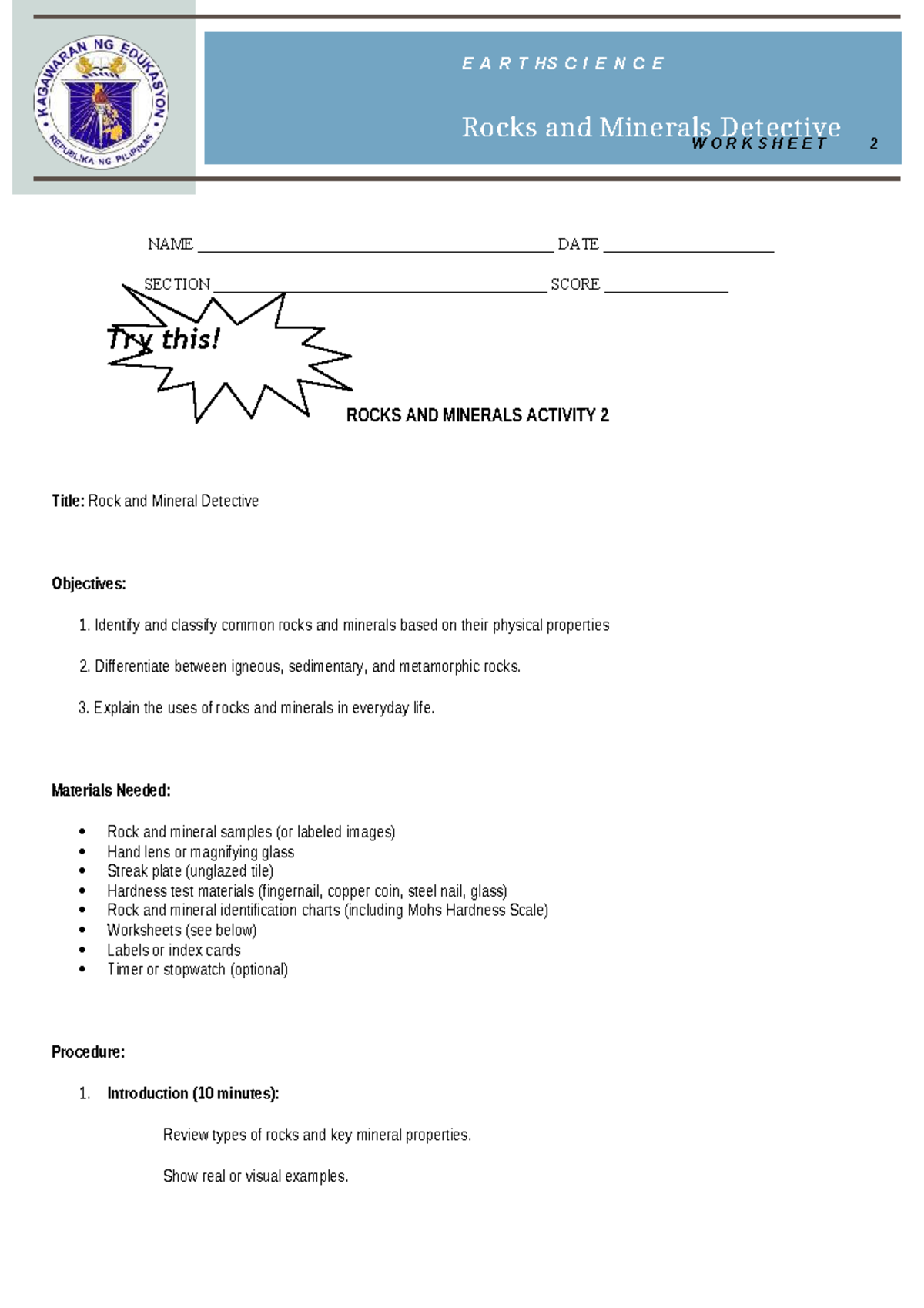 Rocks and Minerals Detective Worksheet - Earth Science Activity 2 - Studocu