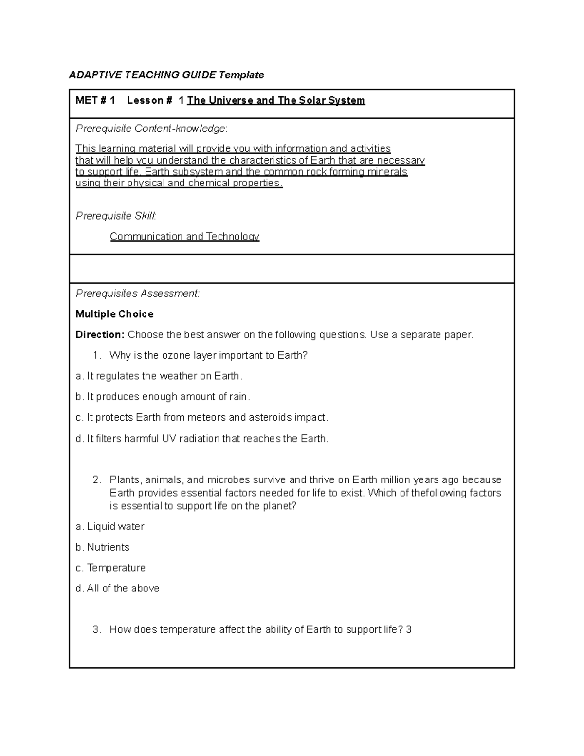 Adaptive Teaching Guide: Earth Science Senior High School - Universe ...
