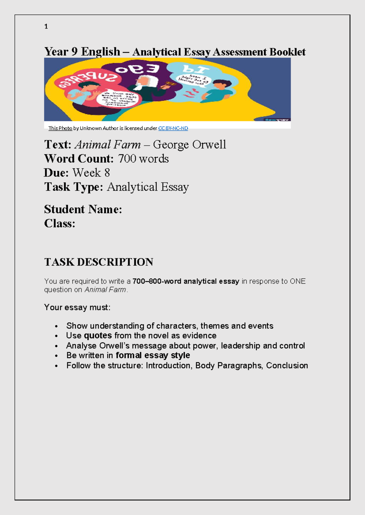 Year 9 English Analytical Essay on Animal Farm - Assessment Guide - Studocu