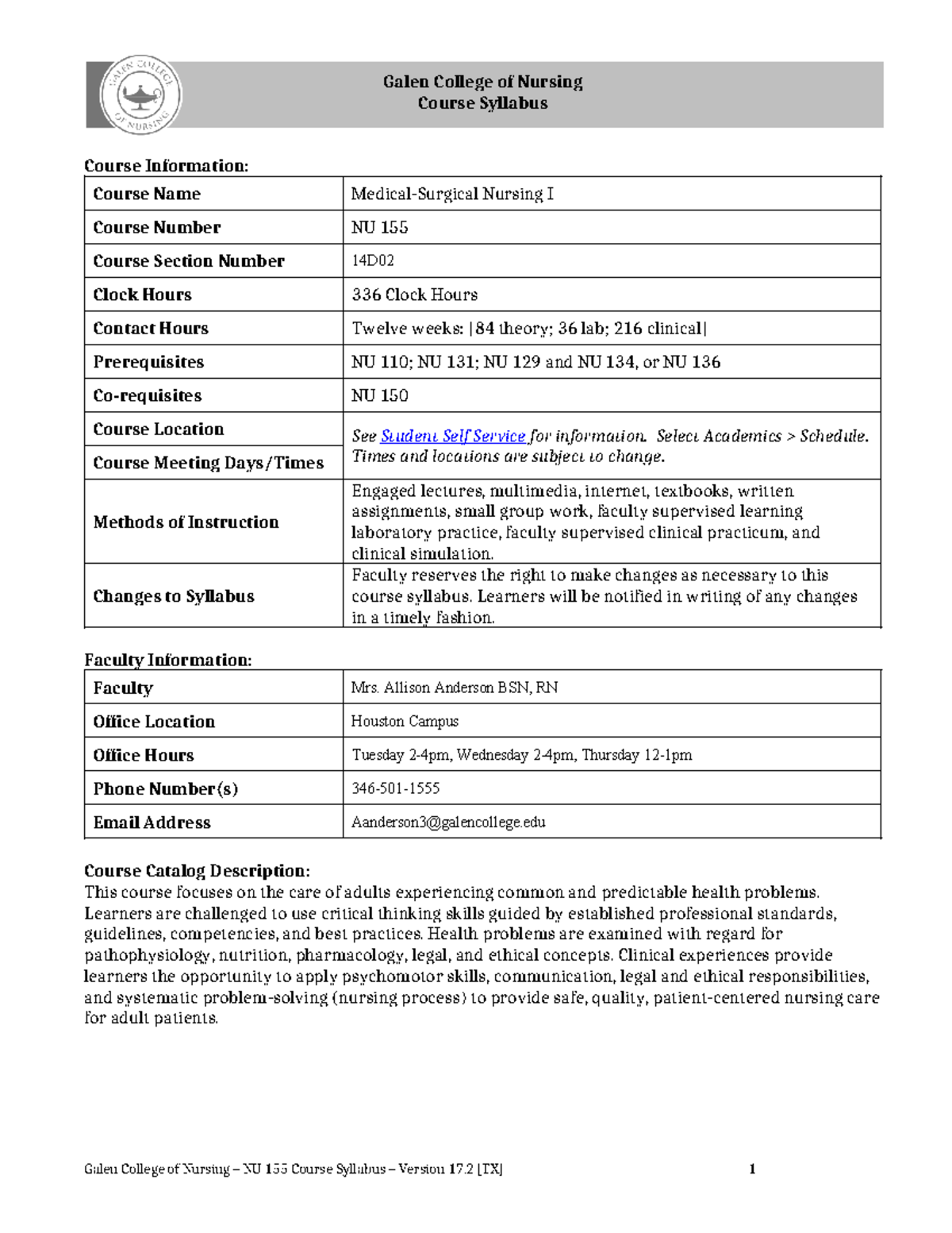 Galen College of Nursing NU 155 Syllabus: Nursing I Course Overview ...