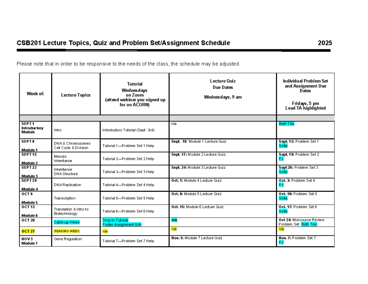 CSB201 Lecture Topics, Quiz & Problem Set Schedule 2025 - Studocu