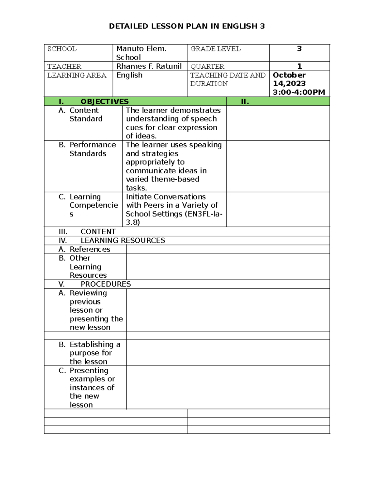 750768865 English 3 Lesson Plan Template - Quarter 1 - Studocu