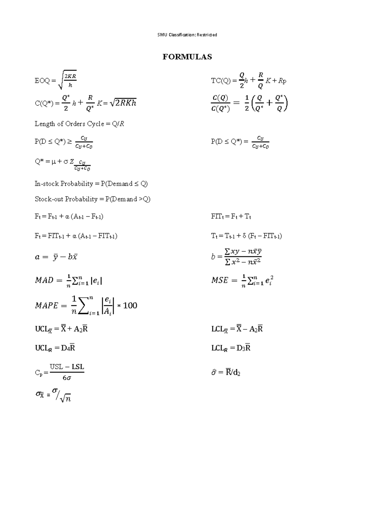 OM 501 - Final Exam Formulas Summary for Operations Management - Studocu