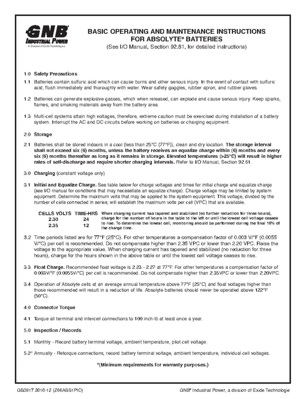 BASIC OPERATING & MAINTENANCE INSTRUCTIONS FOR BATTERIES (GB3917) - Studocu