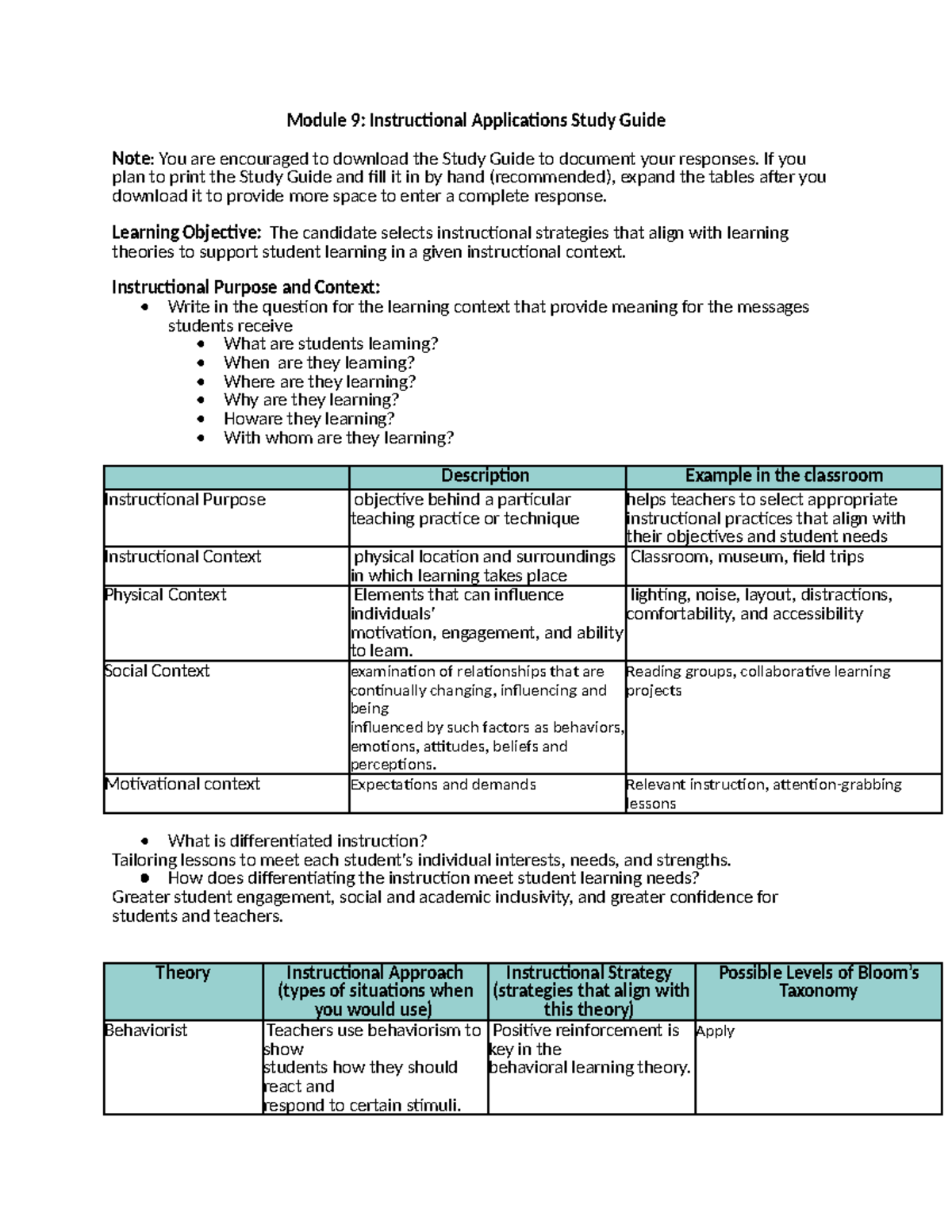Module 9: Instructional Applications Study Guide - Study Guide 9 - Studocu