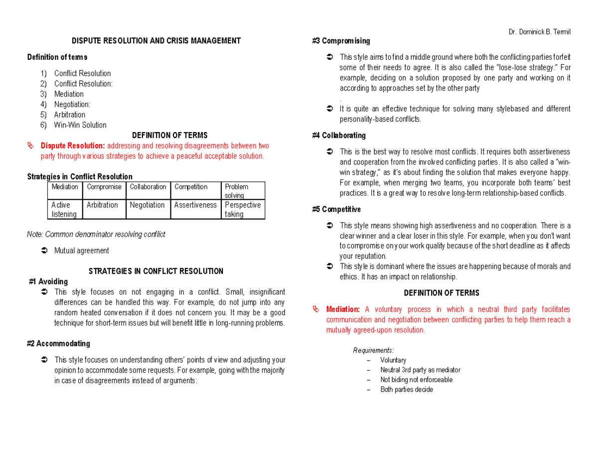 M1 Dispute - DISPUTE RESOLUTION AND CRISIS MANAGEMENT Definition of ...