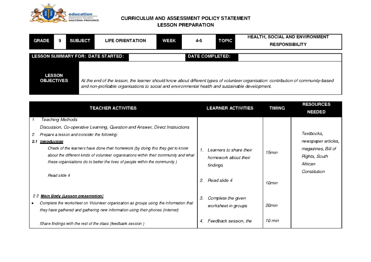 Grade 9 Life Orientation Lesson Plan: Health, Social & Environmental ...
