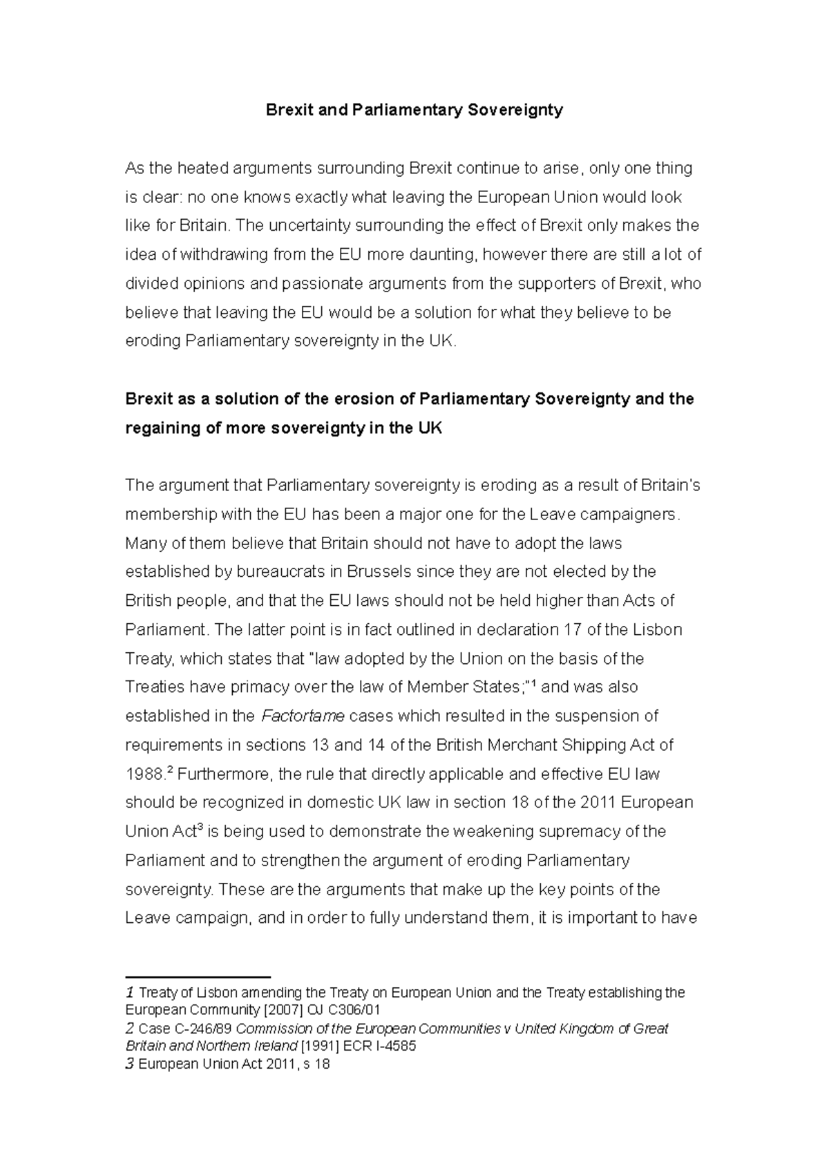 Brexit's Impact on Parliamentary Sovereignty: A Critical Analysis - Studocu