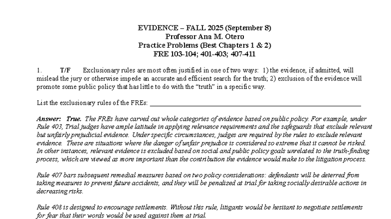 EVIDENCE FRE Practice Problems (Chapters 1 & 2) - Fall 2025 - Studocu